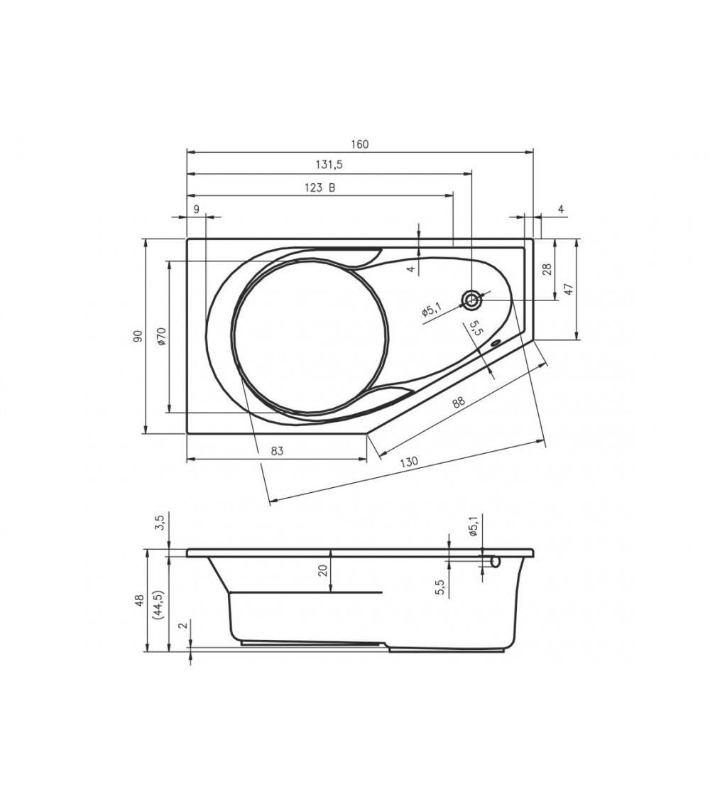 Baignoire asymétrique d'angle encastrable Copenhague 160 x 90 cm